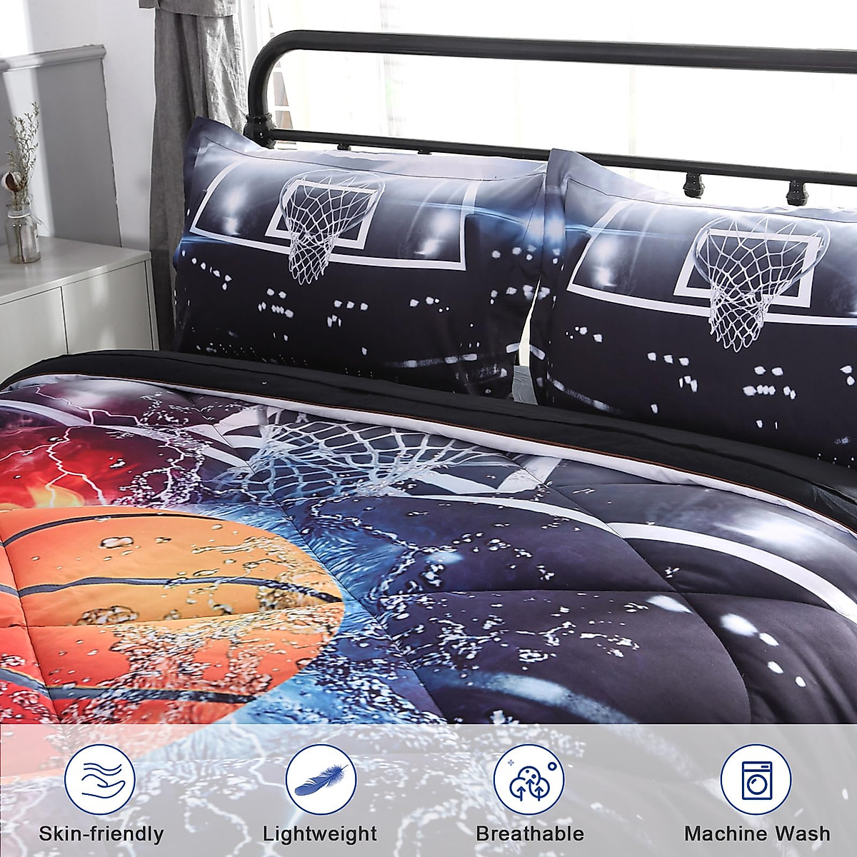 Wowelife Basketball Bedding Set Full Size 5 Pieces Basketball Sports Comforter Set Red Black 3D Fire Water Kids Comforter Sets Breathable with Comforter, Flat Sheet, Fitted Sheet and 2 Pillowcases