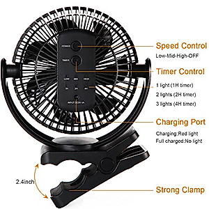 Gazeled Battery Operated Fans for Camping, Battery Powered Fan with Clip, Timer, 3 Speeds, 6700mAh Rechargeable Stroller Fan, Portable Fan with Strong Clamp, Quiet Desk Fan for Home,Office,Black