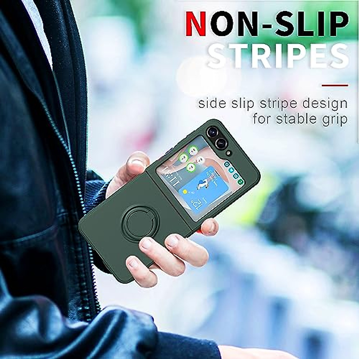 Hongxinyu for Samsung Galaxy Z Flip5 5G 2023 Case,Slim Liquid Silicone Couple Ring Kickstand Soft Anti-Scratch Microfiber Lining Protection Bumper Case for Galaxy Z Flip5 (Army Green)