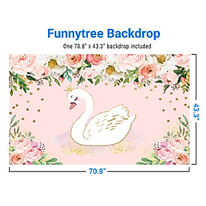 Funnytree White Swan Photography Backdrop for Birthday Baby Shower Party Decoration Pink Floral Gold Crown Background Photo Booth