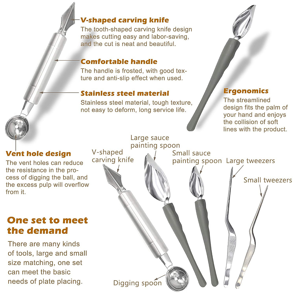 5 Pieces Culinary Drawing Decorating Spoon Set, Drizzle Spoons, Cooking Tweezers and Melon Baller Spoon, Professional Chef Tool for Decorating Plates