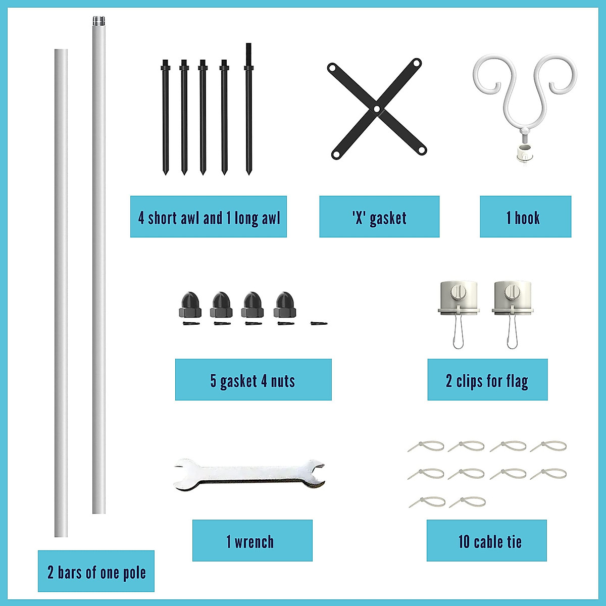 KIAYACI String Light Poles, 8 feet Sturdy Outdoor Light Pole for Hanging String Lights or Flag, Backyard, Garden, Patio, Deck Lighting Stand for BBQ, Party, Wedding-White