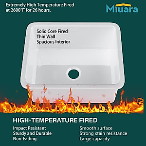 Miuara White Undermount Kitchen Sink 24 Inch - Small Topmount Wet Bar Sink Drop In 24"x19"x11", Dual Mount, Single Bowl, Fireclay Solid, with 2 Custom Accessories, White, for Kitchen & Laundry