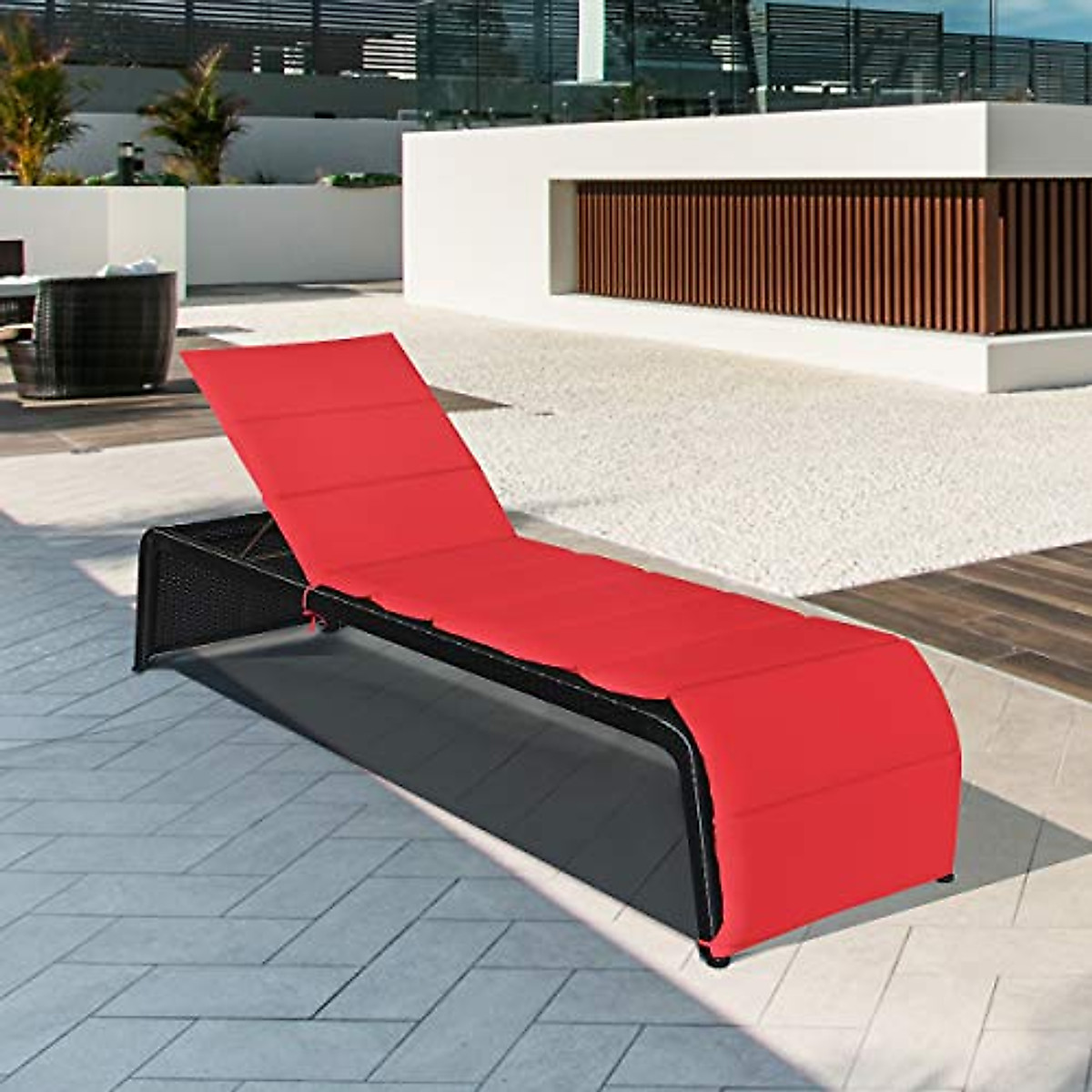 RELAX4LIFE Outdoor Patio Rattan Chaise Lounge, PE Rattan Wicker All Weather Lounge Chair with Adjustable Reclining Backrest and Cushions for Poolside Porch Garden and Backyard (1, Red)