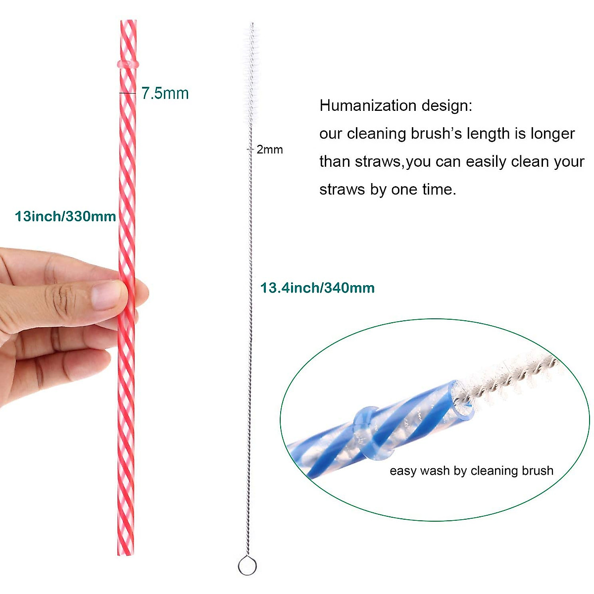 Dakoufish 12 Piece 13 Inch Reusable Plastic Thick Drinking Straws BPA Free Mason Jar Straws Transparent Small Stripe (13inch, Mix 12color)