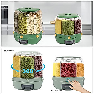 6-Grid Grain Storage Tank, 360° Rotatable Miscellaneous Grains Food Dispenser Grain Storage Box Suitable for All Beans Barley Millet And Other Granular Grains or Pet Food (Large, Light Green)