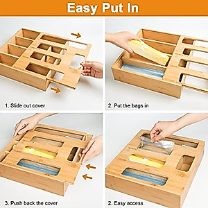 DUJEN Bamboo Ziplock Bag Storage Organizer, Food Storage Bags Container Organizer with Slider, Kitchen Plastic Bags Storage Compatible with Gallon, Quart, Sandwich & Snack Variety Size Bags