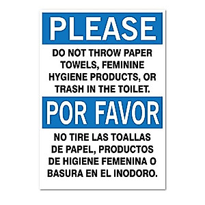 Please: Do not Throw Paper or Trash in Toilet, Bilingual Sign, 5" high x 3.5" Wide, Black/Blue on White, Self Adhesive Vinyl Sticker, Indoor and Outdoor Use, Rust Free, UV Protected, Waterproof