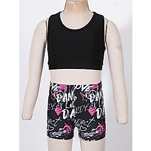 YONGHS Kids Girls Sports Tankini Outfit Crop Top with Booty Shorts Gymnastic Suit Swimsuit Swimwear Rock Music Rose 5-6 Years