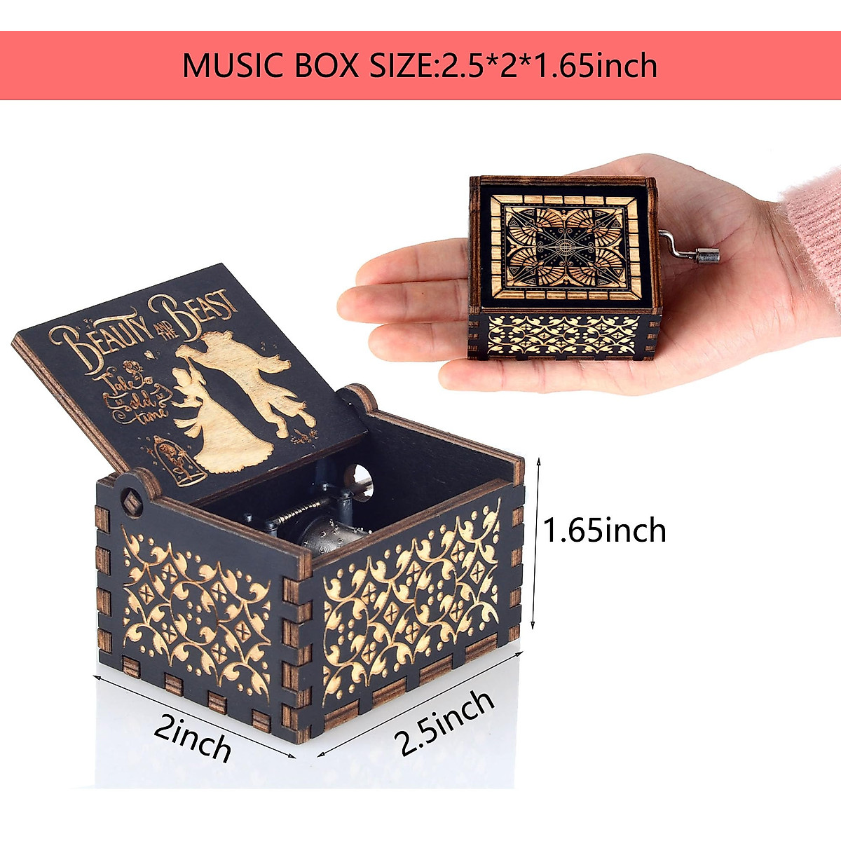 Ddjbdb Beauty Music Box Beast, 18 Note Mechanism Antique Carved Wooden Hand Crank Musical Box Crafts,Valentine Christmas Birthday Gift for Her Wife Girlfriend