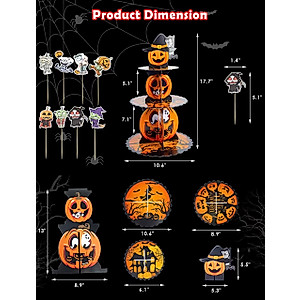 JROYJOY 3 Tier Halloween Cupcake Stand, Cupcake Tower with 16 Pcs Pumpkin Cupcake Toppers, Cake Stand for Dessert Table, Cupcake Display Stand for 24 Cupcakes Party Supplies Halloween Decorations