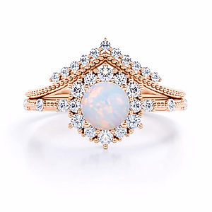 Opal Engagement Ring for Women Bridal Sets 1.35ct Opal and Moissanite Engagement Ring Set 10K White/Rose Gold Wedding Ring Set Opal Birthstone Anniversary Ring Free Engraved