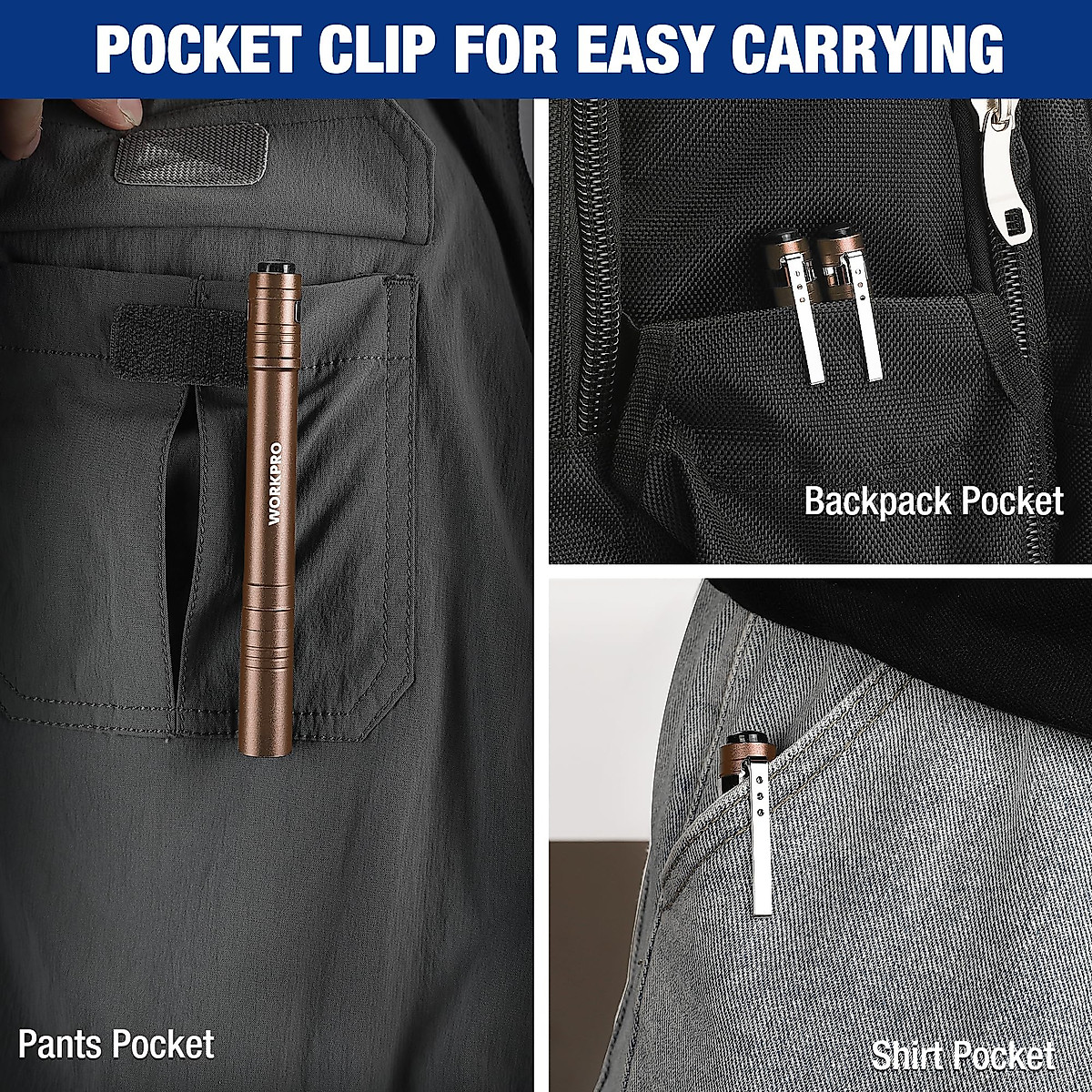 WORKPRO LED Pen Light, Aluminum Pen Flashlights, Pocket Flashlight with Clip for Inspection, Emergency, Everyday, 2AAA Batteries Include, Brown(4-Pack)