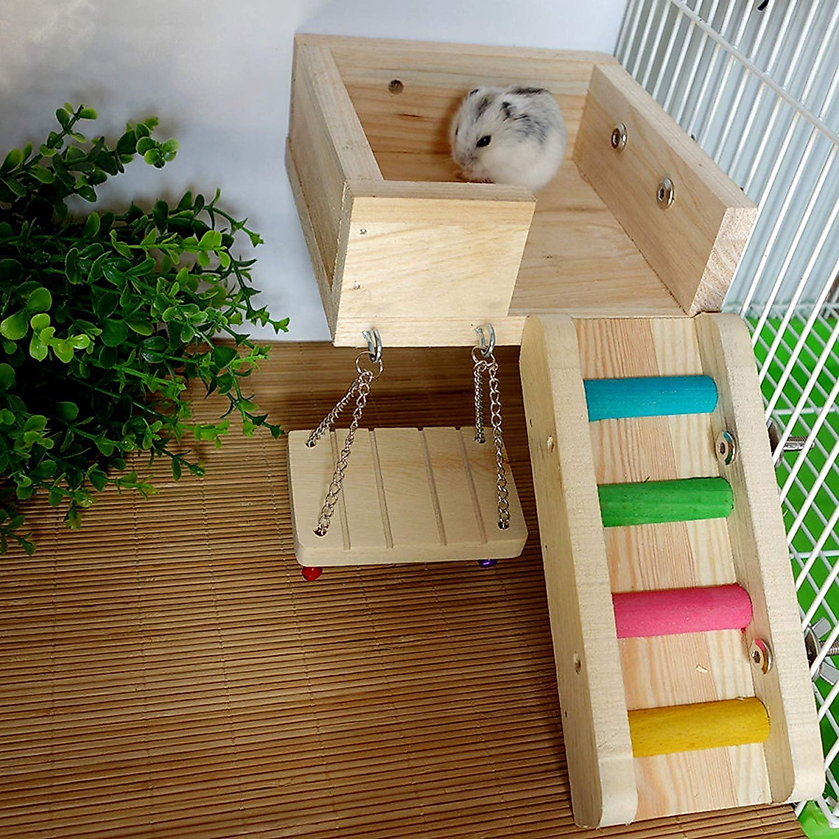 Wooden Platform Ladder Stand Swing Climbing Biting Toy for Mouse Chinchilla Rat Gerbil and Dwarf Hamster Climbing Toy (M)
