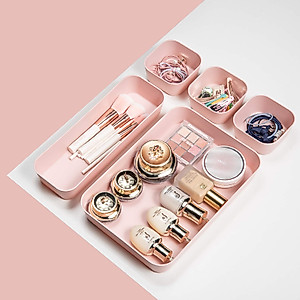Backerysupply Set Of 12 Pink Color Plastic Desk Drawer Organizers For Makeup Bathroom Office Kitchen Vanity Drawer Storage Box Container