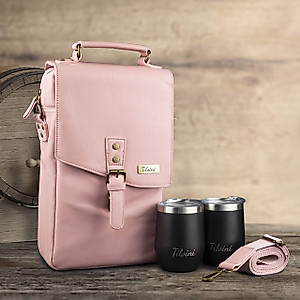 Tilvini Insulated Genuine Leather Wine Tote Bag With 2 Wine Tumblers. Wine Cooler Bag 2 Bottle Wine Carrier Set. Barbie Pink Bag. Wine Purse For Women. Mom Birthday Gift Bachelorette Party Wife Picnic