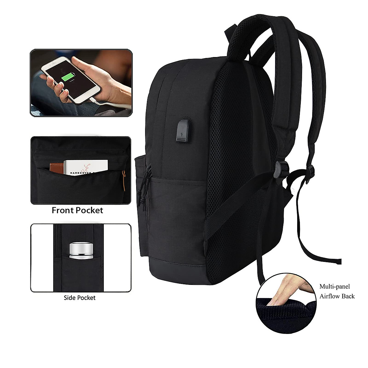 KOPHLY Casual Lightweight Laptop Backpack with USB Charging Port For for Men and Women, School Bookbag for Teens College，Daypack for Short Trip Travel（Carbon Black）