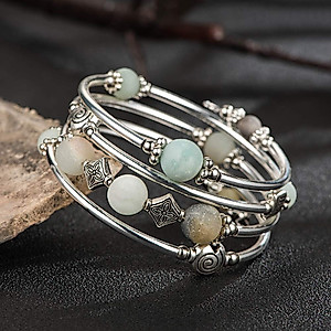 Beaded Pearl Bangle Wrap Bracelet - Fashion Bohemian Jewelry Multilayer Charm Bracelet with Thick Silver Metal Beads, Gift For Women (Green)