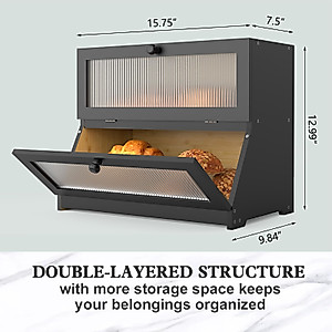 LOHASOK Double Layer Bamboo Bread Box for Kitchen Counter-Large Capacity Bread Storage Container Farmhouse Bread Box with Window Bread Holder (Black)