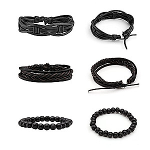 MILAKOO 6 Pcs Black Braided Leather Bracelets for Men Women Cuff Wrap Wristbands