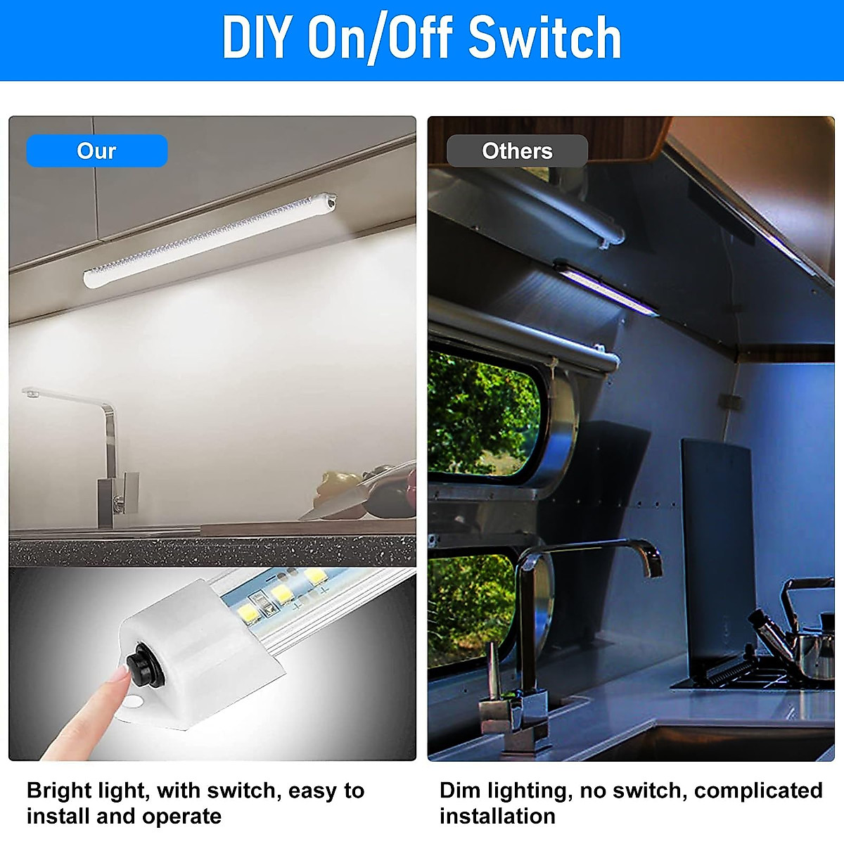 Linkstyle 4PCS 12V LED Interior Light Bar, 192LEDs 12V LED Light Strip with Switch, 6500K Slim Car Interior Lights for Car Truck RV Boat Cabinet