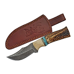 Szco Supplies 8.5” Stag Handle Damascus Steel Fixed-Blade Knife Outdoor Hunting Knife with Sheath