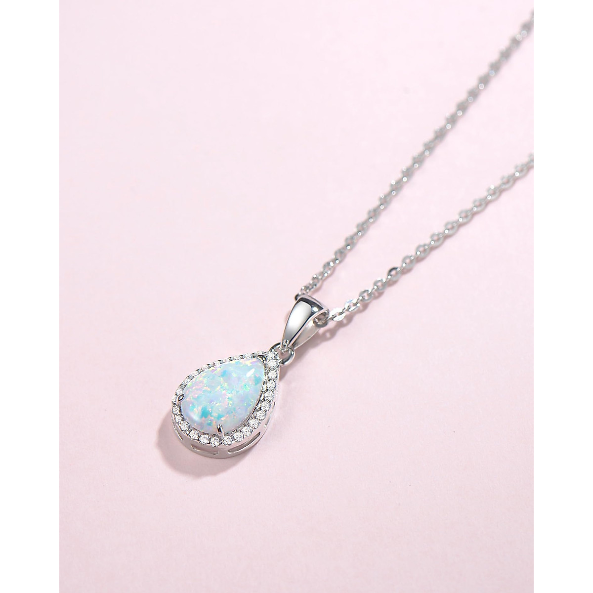FANCIME Sterling Silver Opal Necklace White Fire Opal Halo Waterdrop Teardrop Pear Shape Opal Pendant October Birthstone Necklace Jewelry for Women 16”+2”