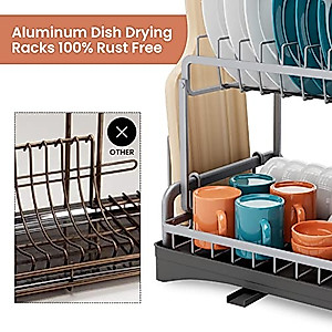 Dailyart Dish Racks for Kitchen Counter Aluminum 2-Tier Dish Drying Rack with Drainboard，Large Capacity 6-in-1 Dish Rack with 360°Swivel Spout, Never Rust Compact Detachable Dish Drainer, Gray