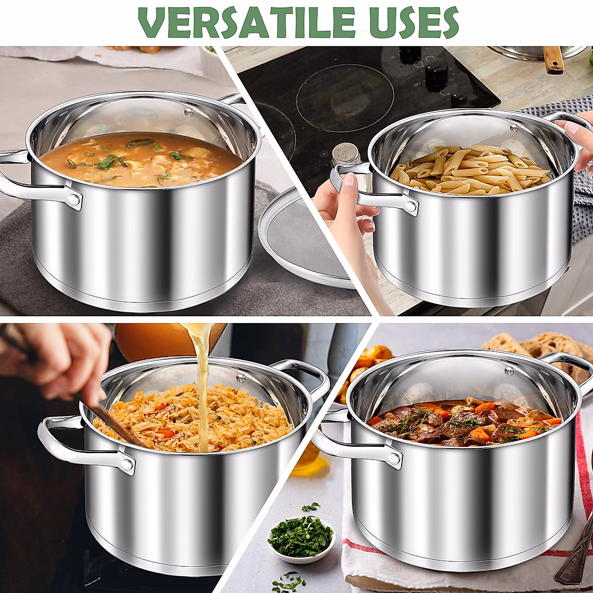TeamFar 6QT Stainless Steel Stock Pot, Tri-ply Base Cooking Pasta Sauce Soup Pot with Glass Lid for Induction/Gas/Ceramic Stoves, Transparent Cover & Double Handles, Heavy Duty & Dishwasher Safe