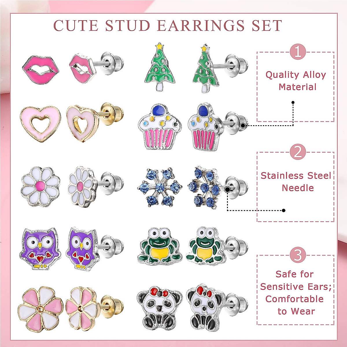 BESTEEL 63 Pairs Cute Stud Earrings for Women Sensitive Ears Studs Set With Stainless Steel Post Candy Flower Heart Animal Earrings in Vivid Colors and Multi-styles