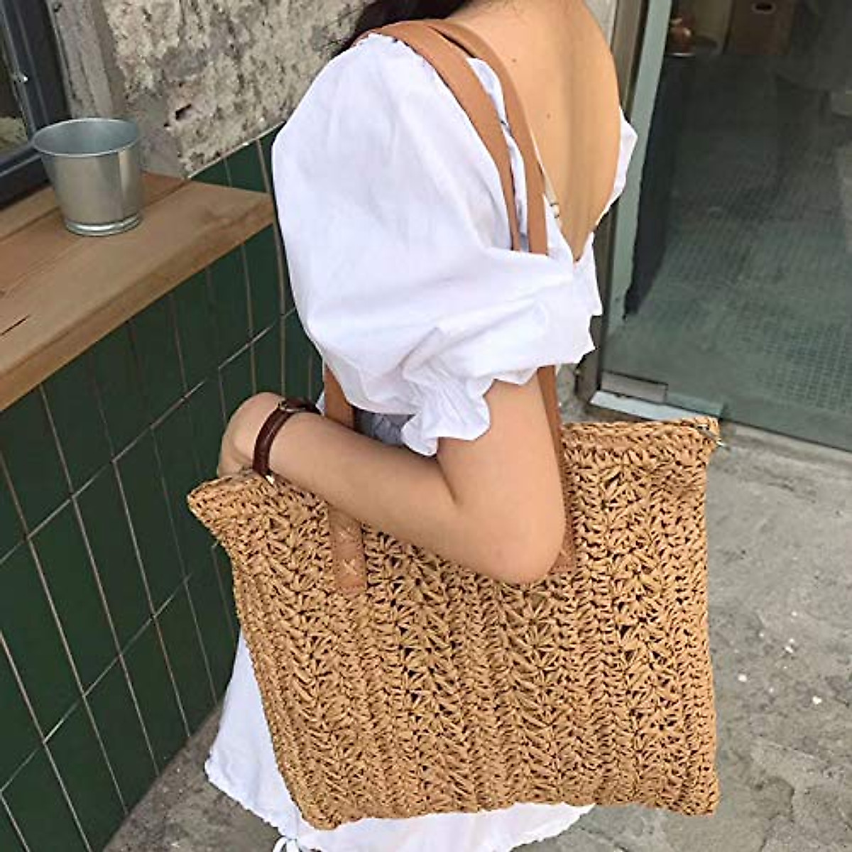 Meyaus Women Large Straw Woven Shoulder Bag Bohemian Beach Travel Top-handle Bag Tote