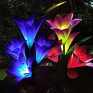Solar Lights Outdoor - 2 Pack Solar Garden Lights with 8 Lily Flowers, Waterproof Color Changing Solar Landscape Lights, Outdoor Decoration Lights for Patio, Yard, Lawn, Pathway (Purple and Red)