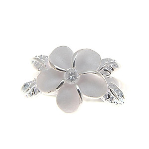 Arthur's Jewelry Sterling silver 925 Hawaiian 12mm plumeria flower maile leaf white cz ring size 7