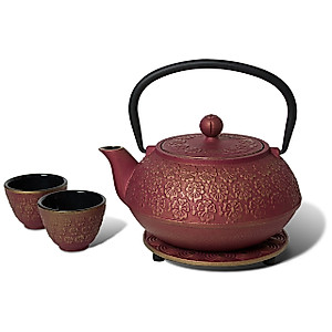 Miya Scarlet Blossom 34-Ounce Cast Iron Teapot and Teacup Set w/ Strainer and Trivet, Pink