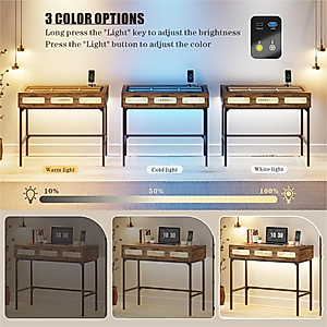 FREDEES Makeup Vanity with LED Lights - Vanity Desk with Glass Top Design & Charging Station, Wooden Makeup Table with Rattan Drawers, Bedroom Furniture Dressing Table Office Desk