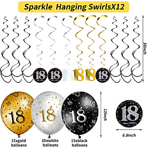 Happy 18th Birthday Party Decorations Kit, Black Gold Glittery Happy 18th Birthday Backdrop Banner Balloon 18th Birthday Hanging Swirls for Men Women 18th Birthday Party Decorations Supplies