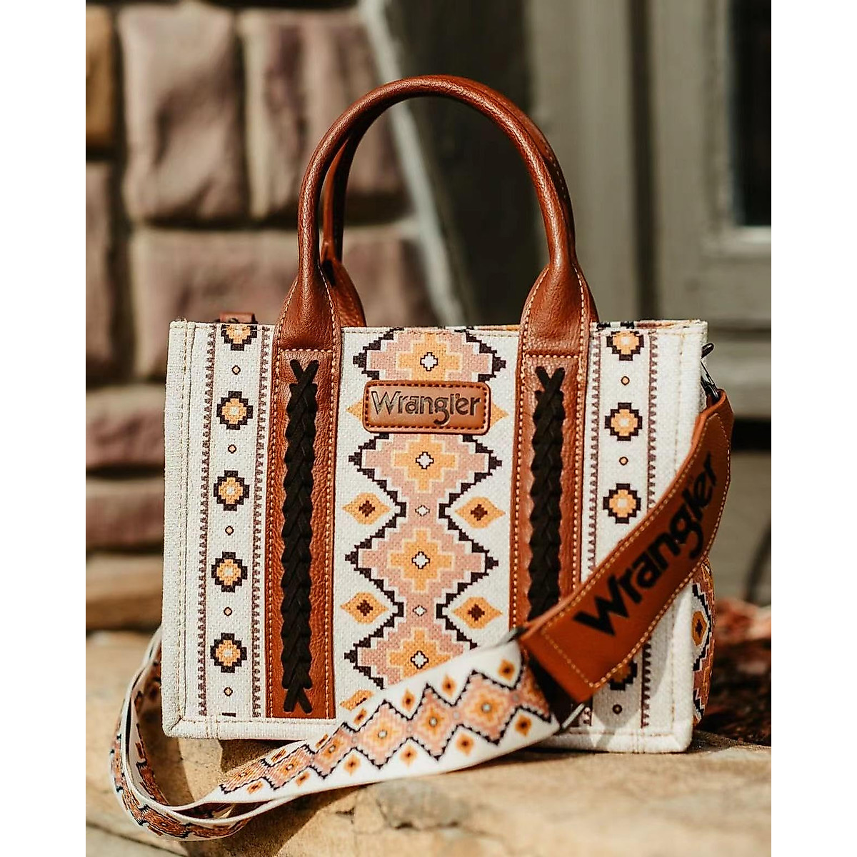 Wrangler Purses Aztec Tote Bag for Women Boho Handbags Wide Guitar Strap Crossbody Bag with Fall Collection Gift WG2202-8120SCF
