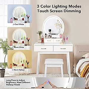 SMOOL Vanity Desk with Lighted Mirror - Vanity Table Makeup Vanity with Lights, 3 Color Lighting Modes Adjustable Brightness, 4 Drawers Makeup Table with Soft Cushioned Stool for Bedroom Studio, White
