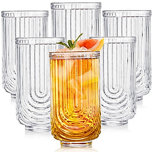 Tlence 6 Pack Highball Cocktail Drinking Glass, 14 OZ Clear Vintage Glassware, Embossed Ripple HiBall Glass Tumbler Cup, Water Drinkware Barware for Bar Beverages Mojito Whiskey Coffee Juice