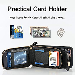 JLFCH iPhone 8 Plus Wallet Case, iPhone 7 Plus Zipper Wallet Case with Card Slot Holder Leather Handbag Buckle Detachable Wrist Strap Long Crossbody Strap Purse for iPhone 7/8 Plus 5.5 - Black