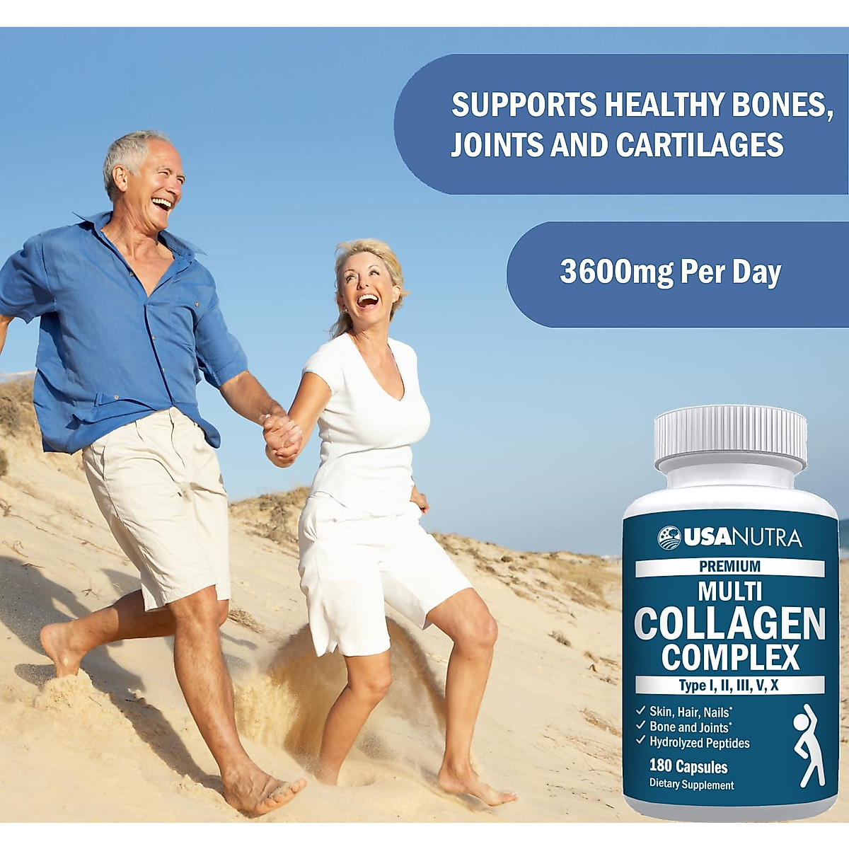 USANUTRA Collagen Peptide Protein Pills for Women and Men Type I, II, III, V, X Multi Collagen 180 Capsules Non-GMO with Bovine and Marine Collagen