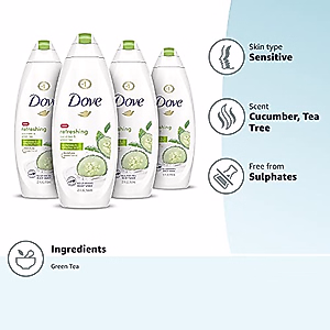 Dove Refreshing Body Wash Revitalizes and Refreshes Skin Cucumber and Green Tea Cleanser That Effectively Washes Away Bacteria While Nourishing Your Skin, 22 Fl Oz (Pack of 4)