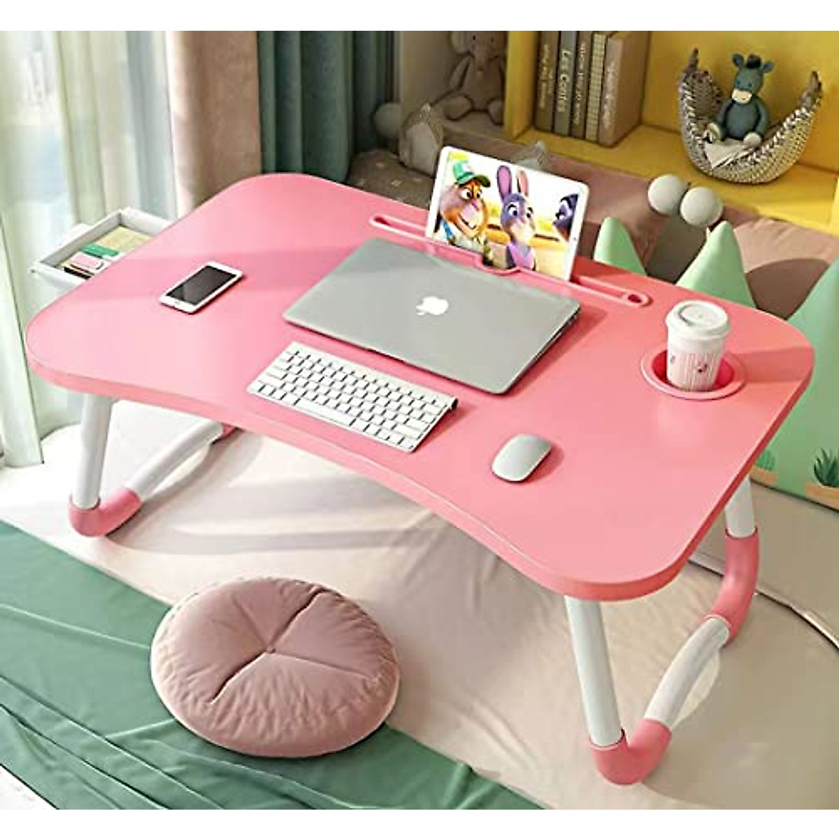Laptop Bed Table, Foldable Laptop Desk Bed Tray with Storage Drawer, Lap Desk TV Tray for Breakfast Serving, Notebook Stand Reading Holder with Phone Slot and Cup Holder for Sofa Couch Floor-Pink