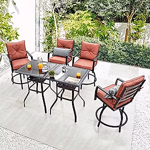 PatioFestival Outdoor Height Bistro Chairs Set Patio Swivel Bar Stools with 4 Yard Armrest Chairs and 2 Glass Top Tables, All Weather Steel Frame Furniture for Lawn, Deck, Backyard and Pool