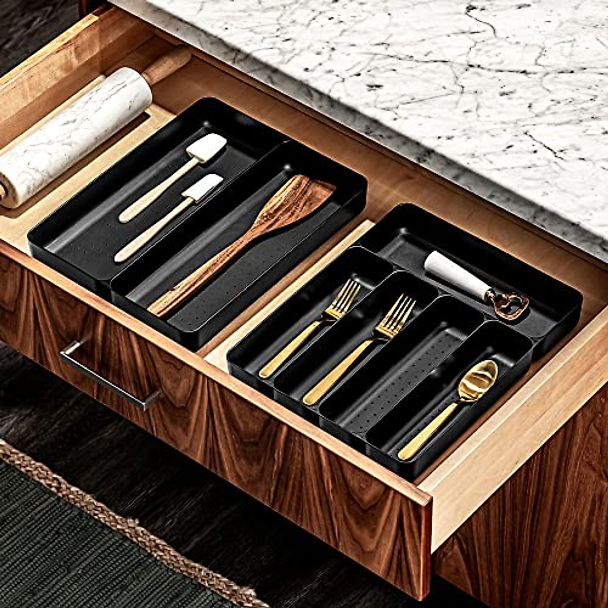 madesmart Premium Antimicrobial Premium Soft Small Utensil Tray, Non-Slip Kitchen Drawer Organizer, 2 Compartments, Multi-Purpose Home Organization, EPA Certified, Carbon