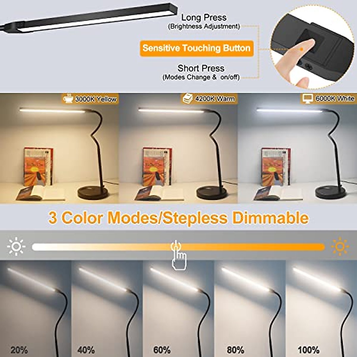 NAKOOS LED Desk Lamp with Clamp & Round Base, Eye Caring Table Lamp with Flexible Gooseneck, Touch Control 3 Color Modes, 10 Brightness Levels, Desk Light for Home Office 12W