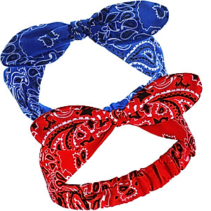 2 Pieces Bandana Headband for Women, Knot Retro Print Headbands Paisley Print Headband Headwrap Adjustable Headwrap(Red, Blue)