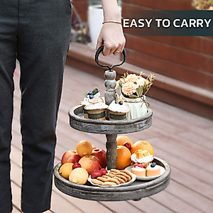 HYGGEISM Two Tier Tray Distressed Wood 2 Tiered Serving Tray Farmhouse, Decorative Wooden Rustic Cake Stand for Kitchen Counter Table, Coffee Bar Decor (Heart-Shaped Handle)