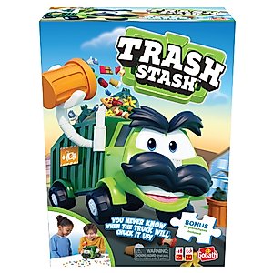 Goliath Trash Stash Game w/ 24pc Puzzle - Fill Trashcan, Watch It Dump Into Garbage Truck Or Truck Chucks It Up - Includes 24-Piece Puzzle