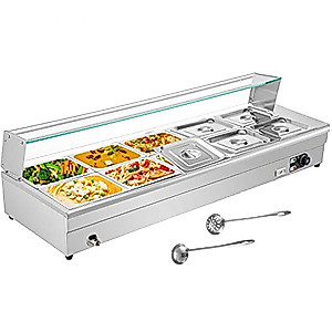 Commercial Food Warmer Bain Marie with Glass Shield - 10 Pan x 1/2 GN, 6-Inch Deep, 1500W Electric Countertop Food Warmer